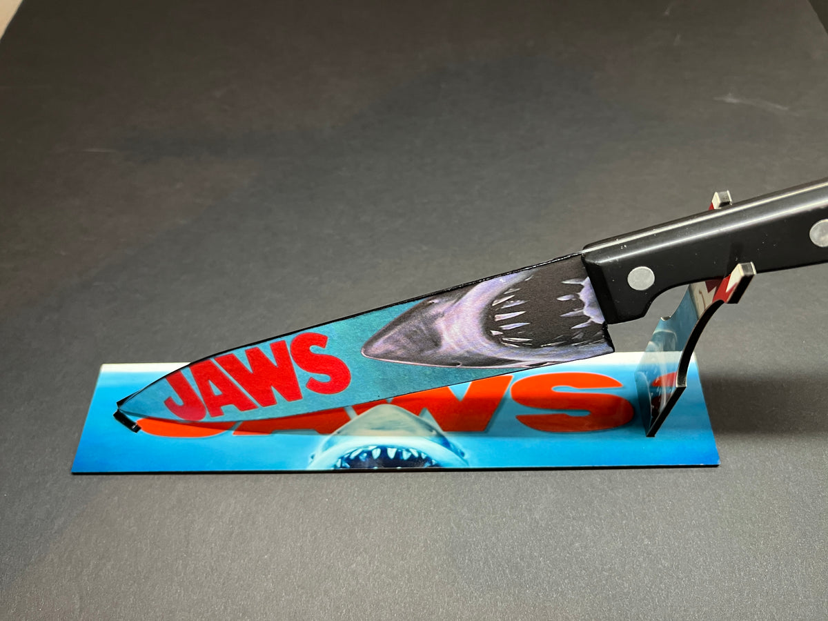 Jaws Movie Kitchen Knife With Sublimated Stand – Dead Dave Designs